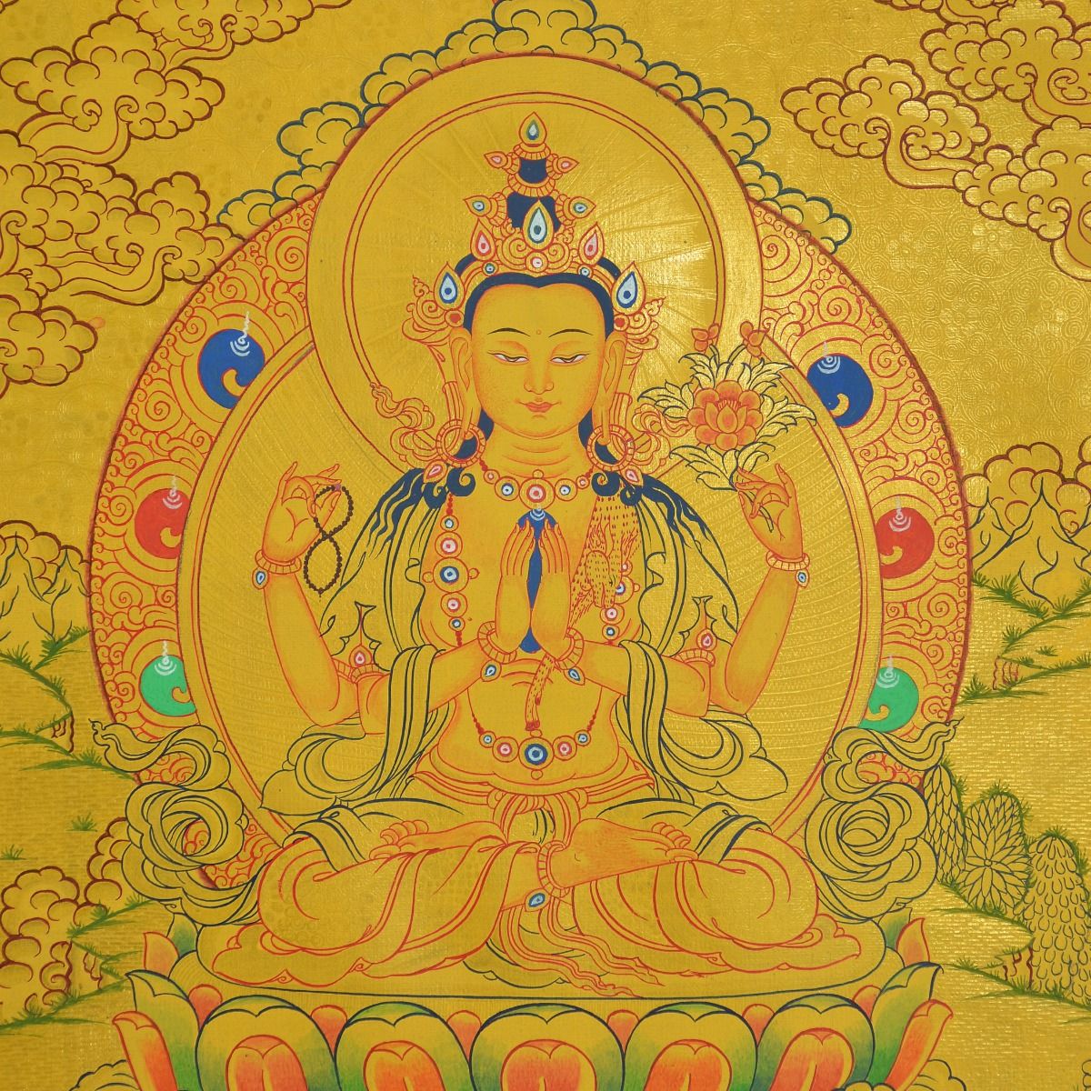 Gold 15.5" x 12"Chenrezig Thangka Painting
