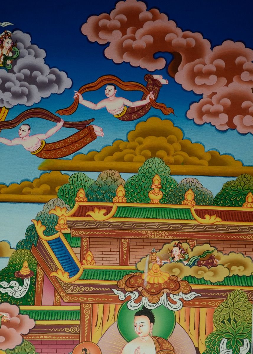 Amitabha Buddha Thangka At Sukhavati known as the Pure Land.