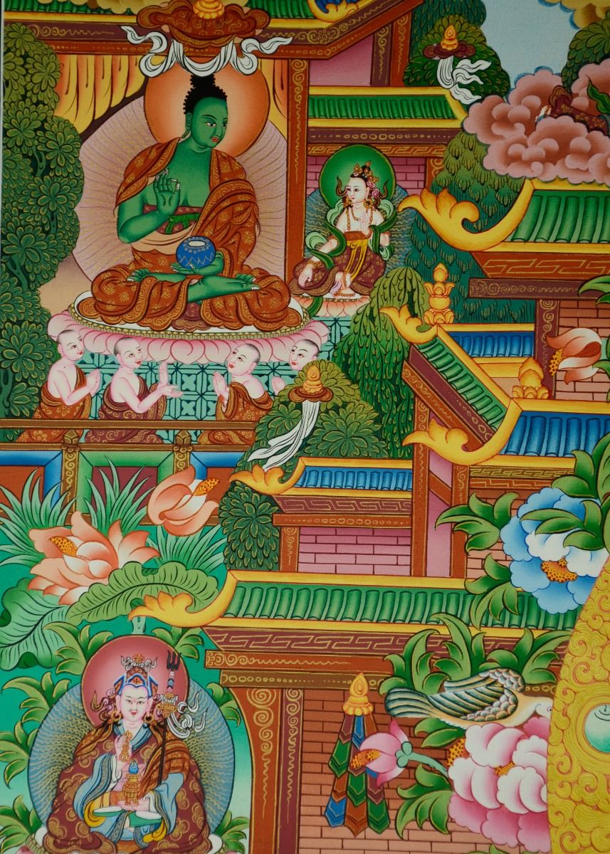 Amitabha Buddha Thangka At Sukhavati known as the Pure Land.