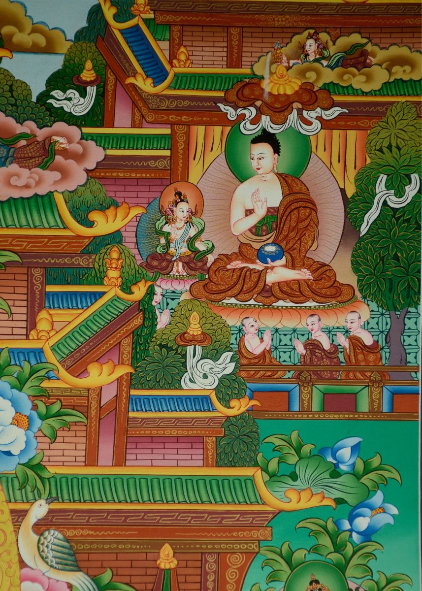 Amitabha Buddha Thangka At Sukhavati known as the Pure Land.