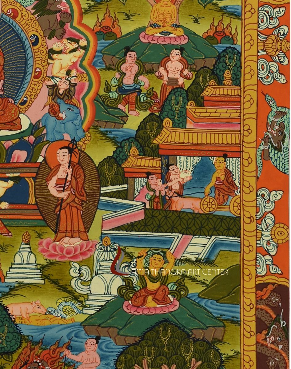 Life story of Buddha. This Buddha life story thangka symbolize the ...